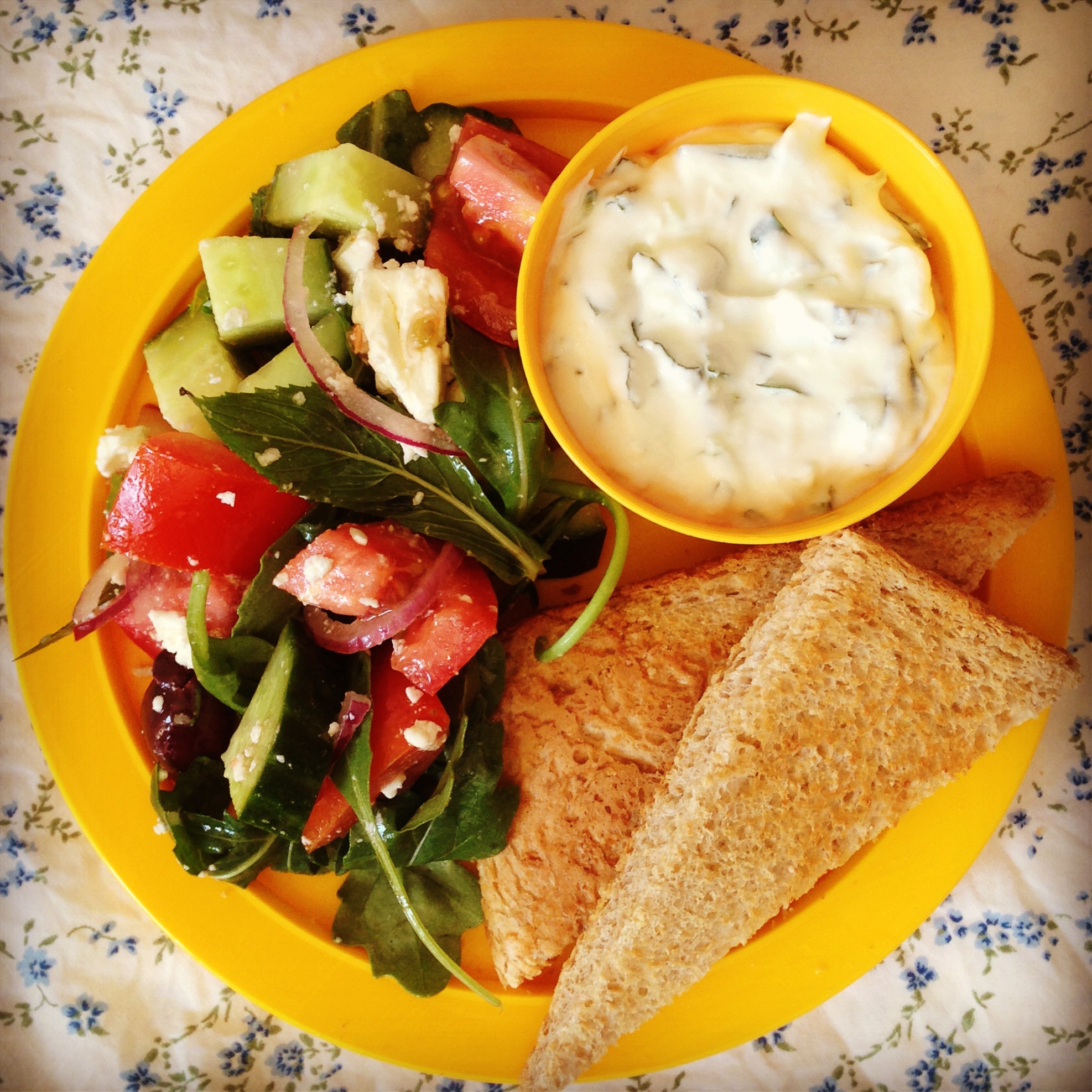 greek salad, tzatziki & toasted flat bread - my lovely little lunch box